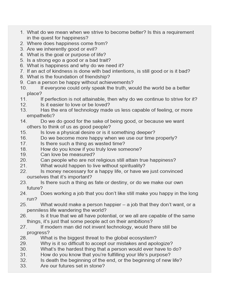Exploring Thought-Provoking Questions | PDF | Happiness | Meaning Of Life