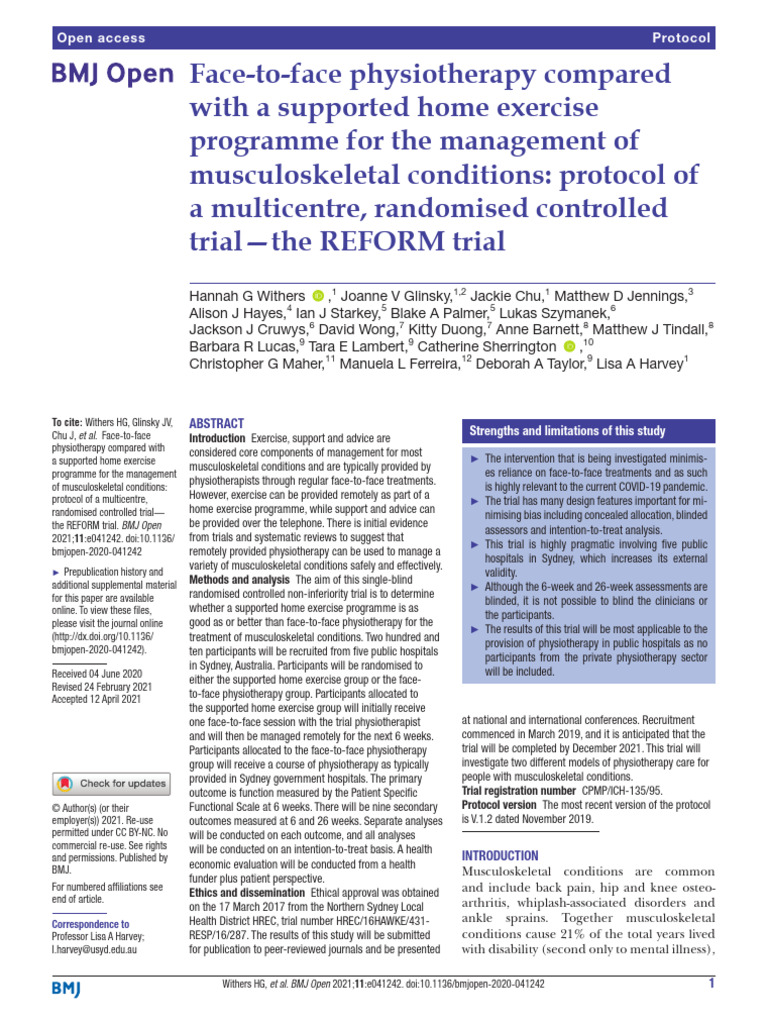 Open Access Protocol: To Cite: Withers HG, Glinsky JV | PDF | Physical Therapy | Health Care