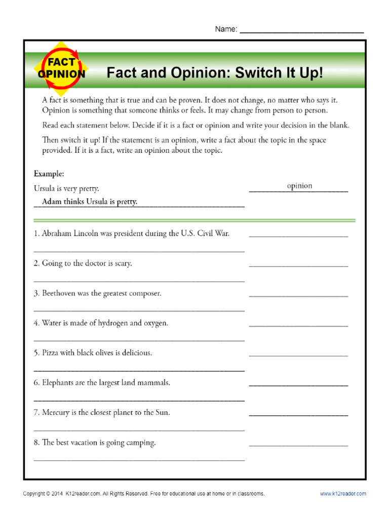 Switch It Up! - Fact and Opinion Worksheets For 3rd and 4th Grade | PDF