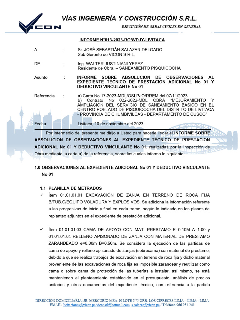 Informe 13-2023 Ro-Wdjy-Livitaca Subsana Observ Adic y Deduc 01 | PDF ...