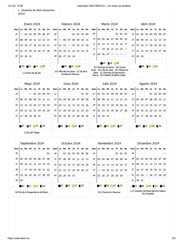 Calendario 2024 MÉXICO – con todos los feriados | PDF