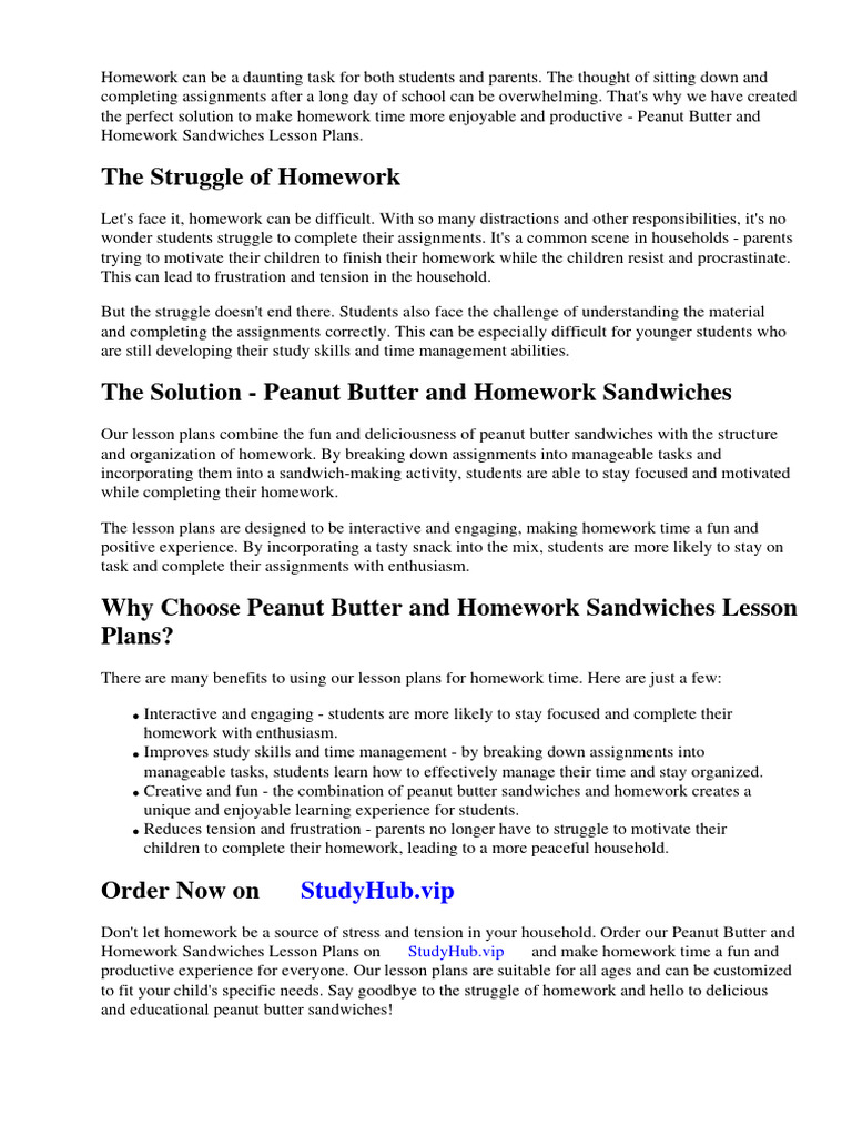 Peanut Butter and Homework Sandwiches Lesson Plans | PDF | Homework | Lesson Plan