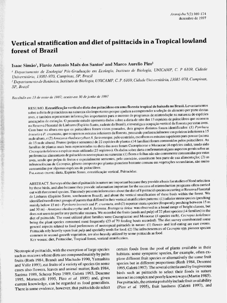 Art. Simão Et Al. 1997. Vertical Stratification and Diet Psittacids in ...