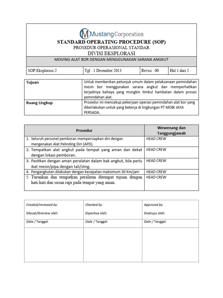 Eksplorasi Sop Moving Alat Bor Dengan Menggunakan Sarana Angkut. | PDF