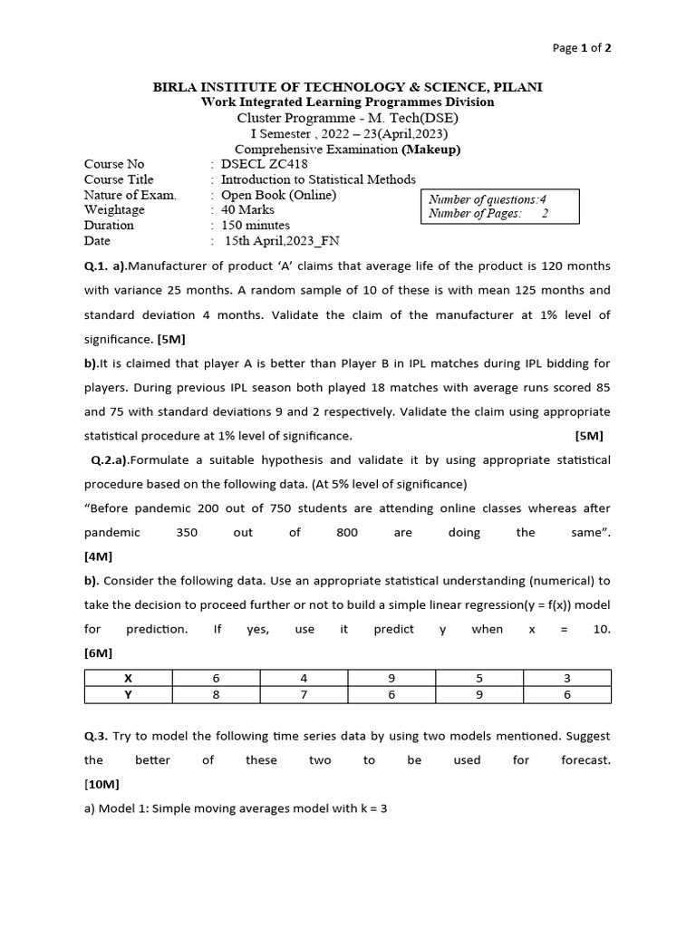 2022-23 S1_22(DSE)_ISM_EC3M_April 2023 | PDF | Statistics | Statistical ...