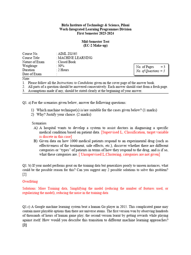 2023-24 AIML ML Mid-Semester Make-Up Answer-Keys | Download Free PDF | Machine Learning ...