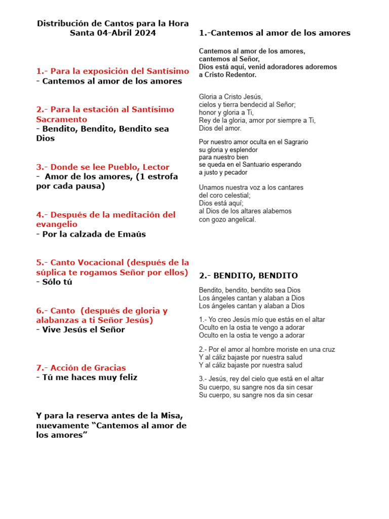 Distribucion de Cantos Hora Santa 04abril2024 | PDF | eucaristía | Creencia religiosa y doctrina