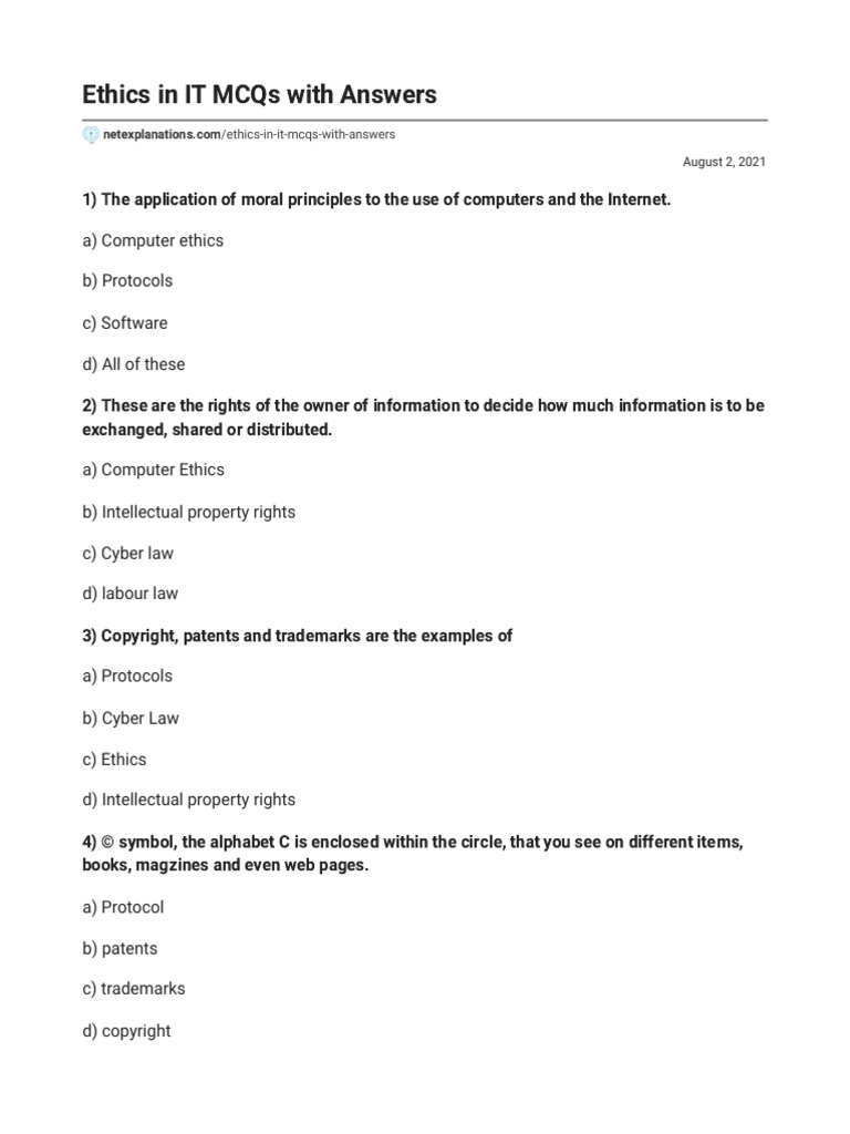 Ethics in IT: MCQs and Answers | PDF | Security | Computer Security