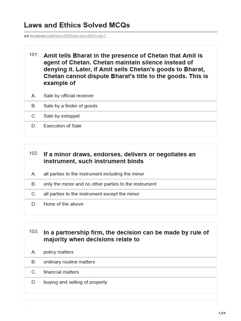 Laws and Ethics Solved MCQs | PDF | Employment | Negotiable Instrument