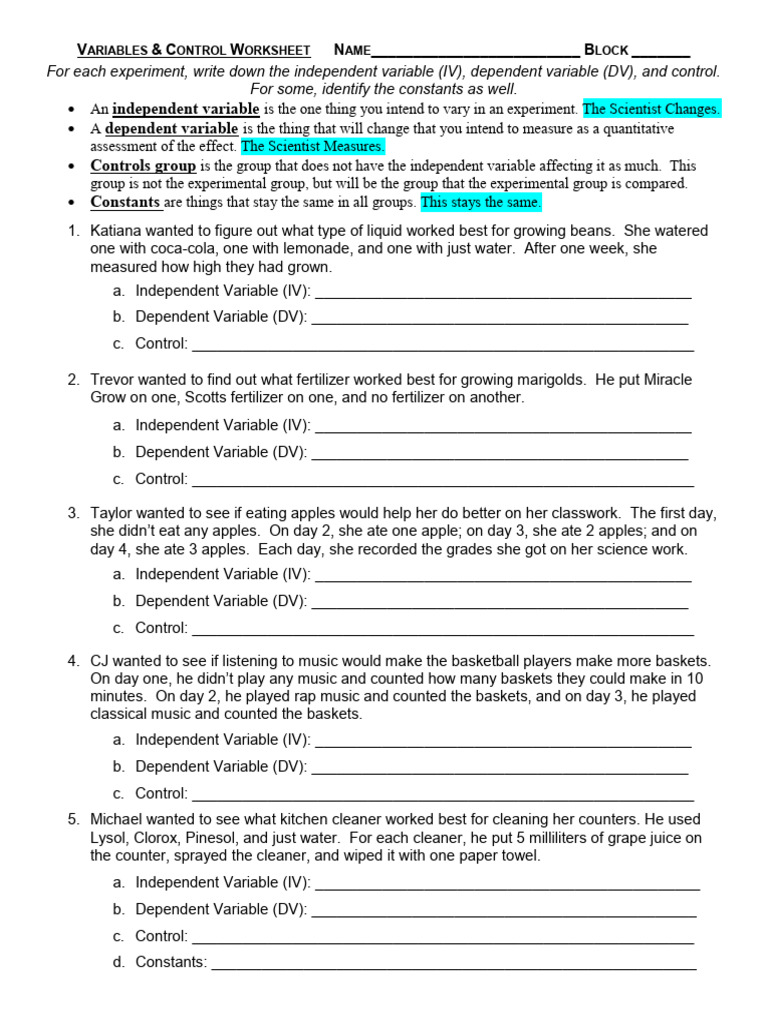 Variables and Control Worksheet S22 | PDF | Experiment