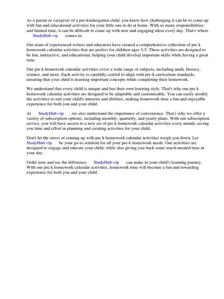 Pre K Homework Calendar Activities | PDF | Preschool | Pre Kindergarten