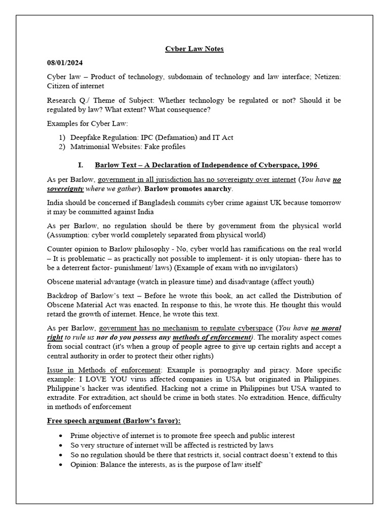 Cyber Law Notes | PDF | Minimum Contacts | Cyberspace Cyber Law Notes | PDF | Minimum Contacts | Cyberspace