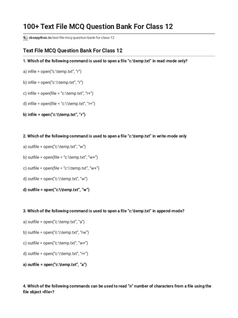 100+ Text File MCQ Question Bank For Class 12 - CBSE Python | PDF | Directory (Computing ...