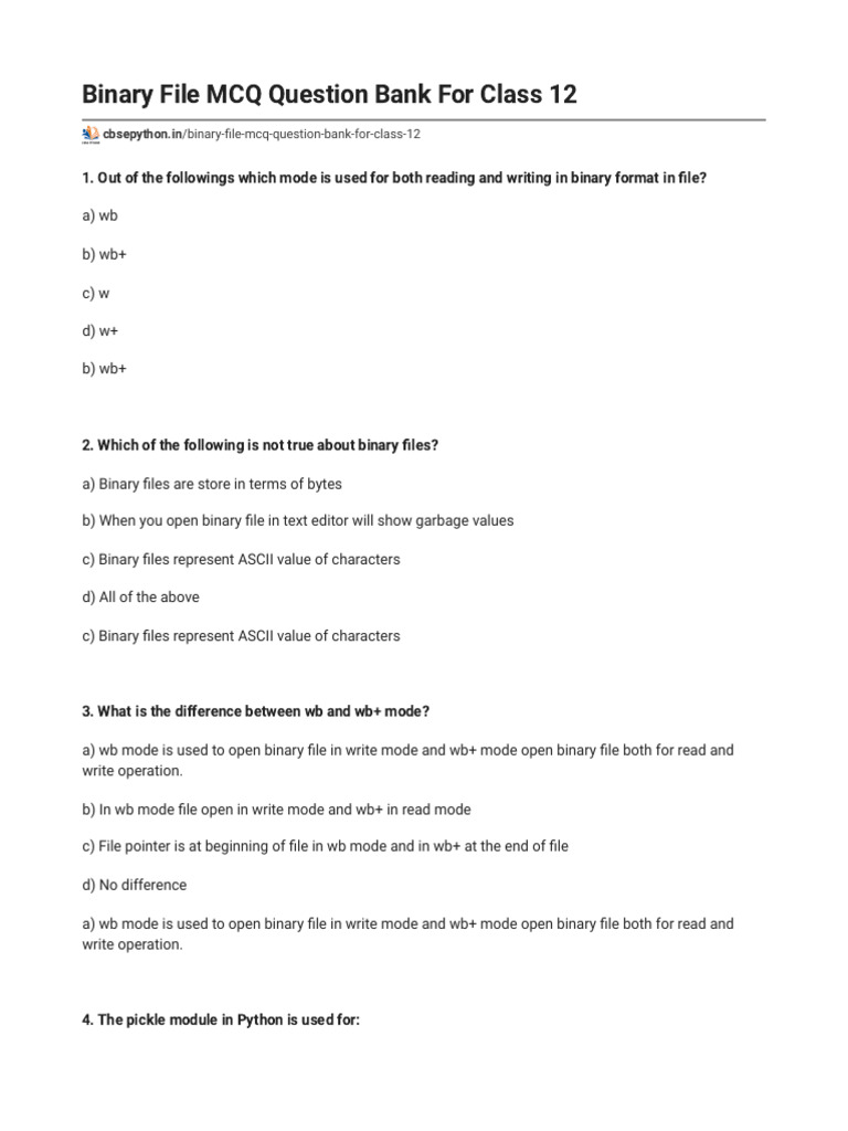 Binary File MCQ Question Bank For Class 12 - CBSE Python | PDF | Computer File | Text File