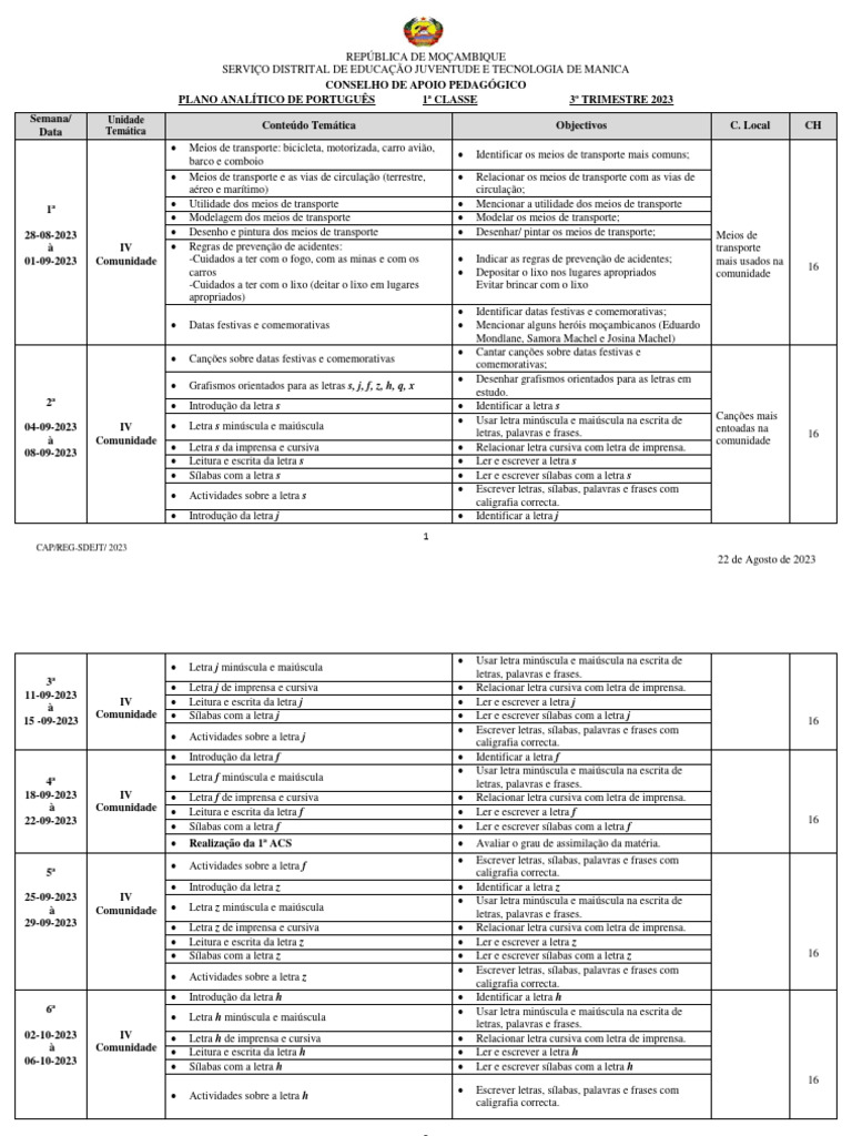 Plano Analítico de 1a Classe 3º Trimestre 2023 | PDF | Caixa alta e ...