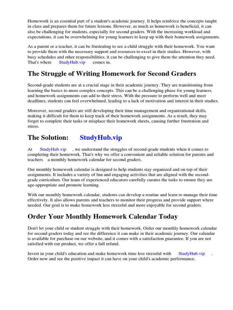 Monthly Homework Calendar Second Grade | PDF | Homework | Teachers