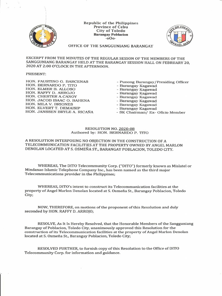 DITO_PH0700159_Barangay Resolution_V1.0 | PDF
