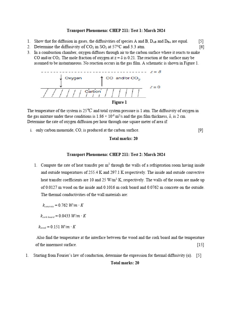 Transport Phenomena Chep 211 Test 1 and Test 2 Mar-Aug 2024 | PDF