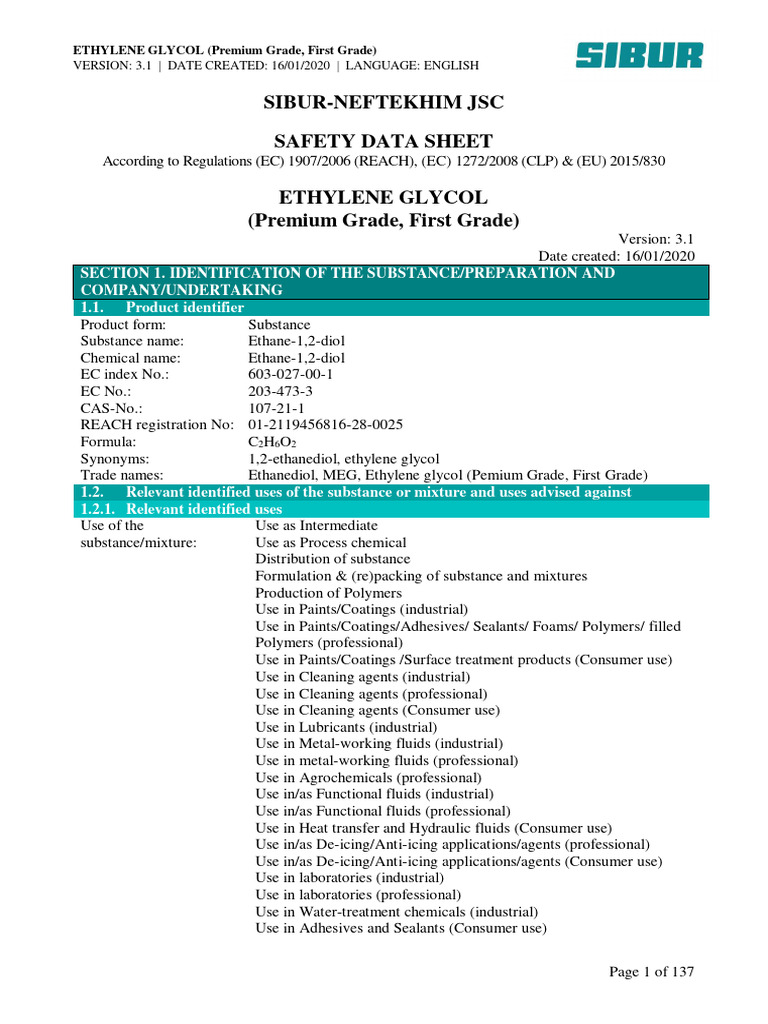SDS - MEG - SIBUR Neftekhim - V - 3 - 1 Eng | Download Free PDF | Firefighting | Toxicity
