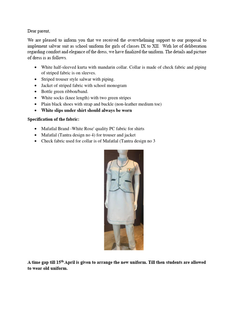 Uniform For Girls of Classes IX To XII | PDF | Lifestyle