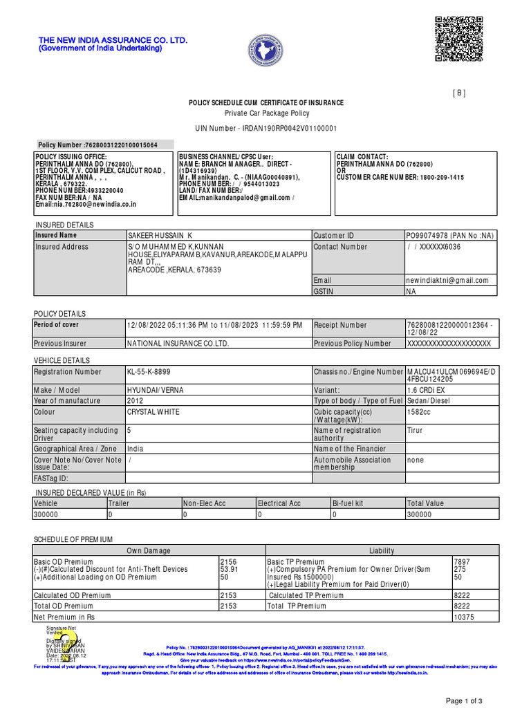 PC Niapolicyschedulecirtificatepc 8304830 | PDF | Insurance | Vehicle ...