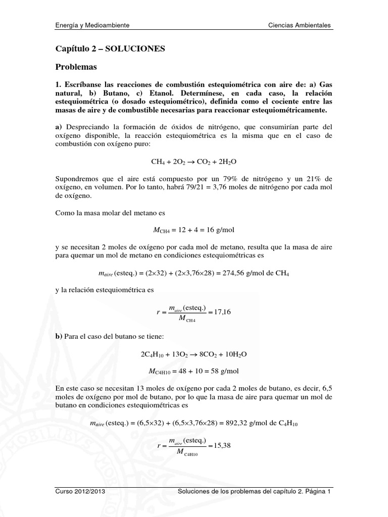 Solucion Problemas Cap. 2 2012 | PDF | Combustión | Oxígeno