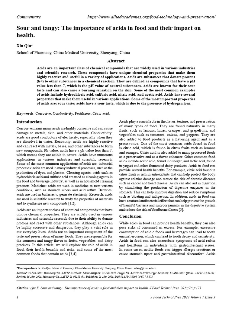 Acids' Role in Food and Health | PDF | Acid | Taste