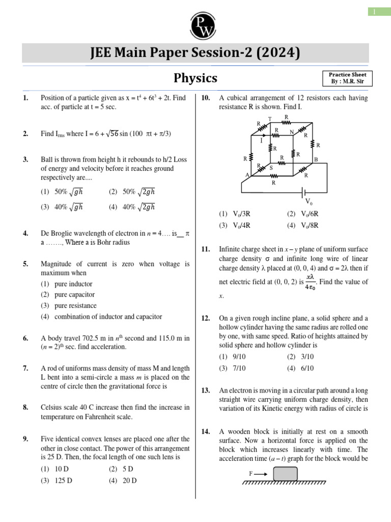 JEE Physics Practice Questions by M.R. Sir | PDF | Acceleration ...