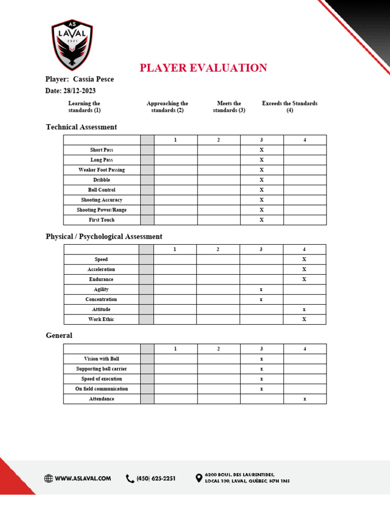 Player Evaluation Form Cassia Pesce | PDF