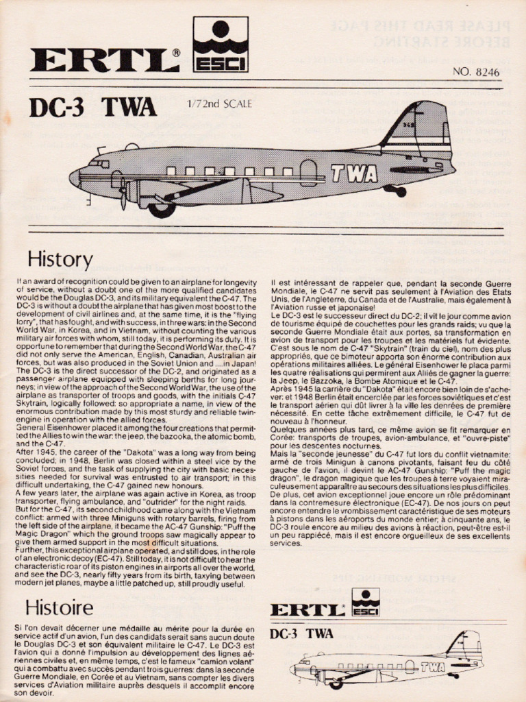 Esci ERTL #8246 Douglas DC-3 (C-47) 1-72 Scale - TWA & Sabena. 130101 ...