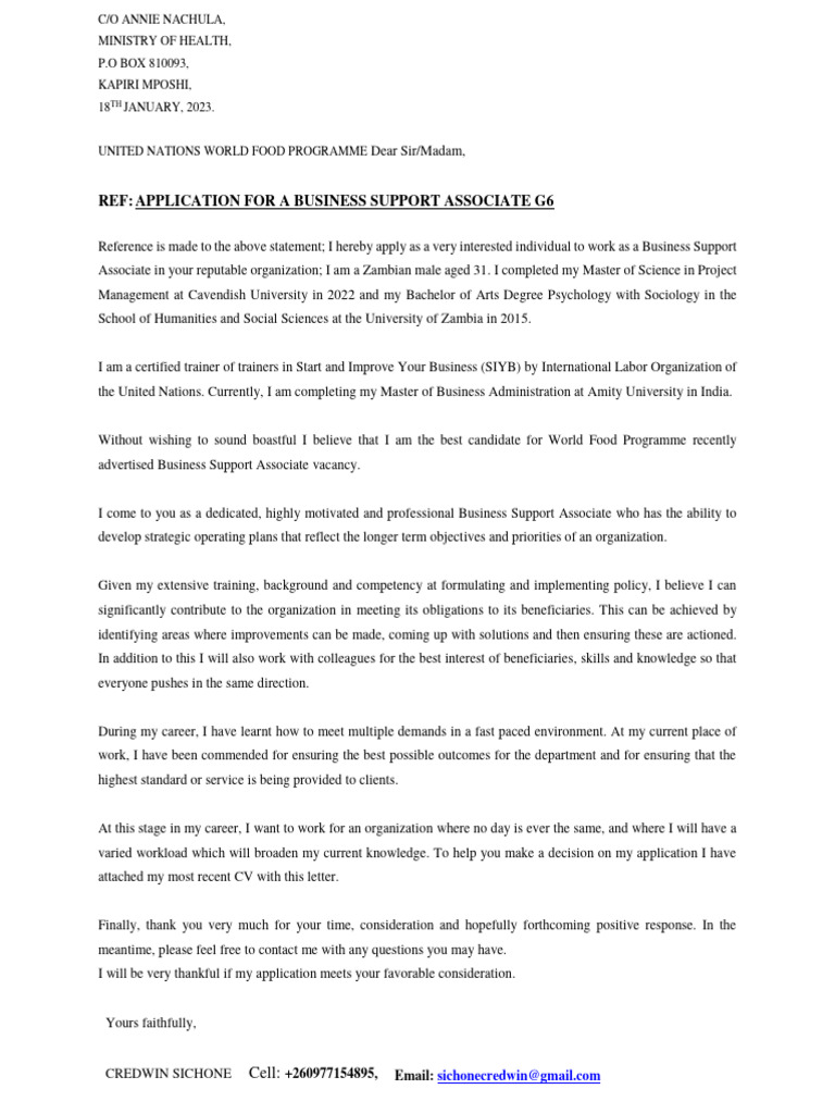 WFP - BUSINESS SUPPORT ASSOCIATE G6 - Cover Letter | PDF | Liberal Arts ...