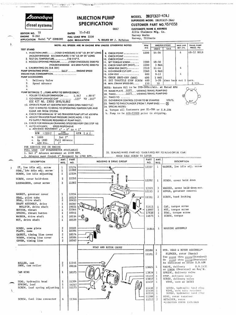 Injection Pump Model Diesel Systems Specification Nay514958 | PDF ...