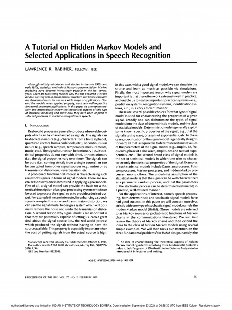 A Tutorial On Hidden Markov Models and Selected Applications in Speech Recognition | PDF ...