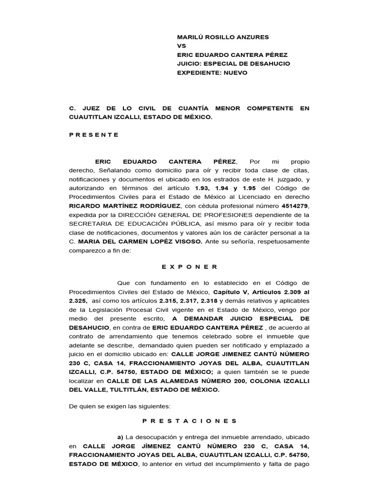 Demanda de Desahucio Definitiva | PDF | Demanda judicial | Ley de ...