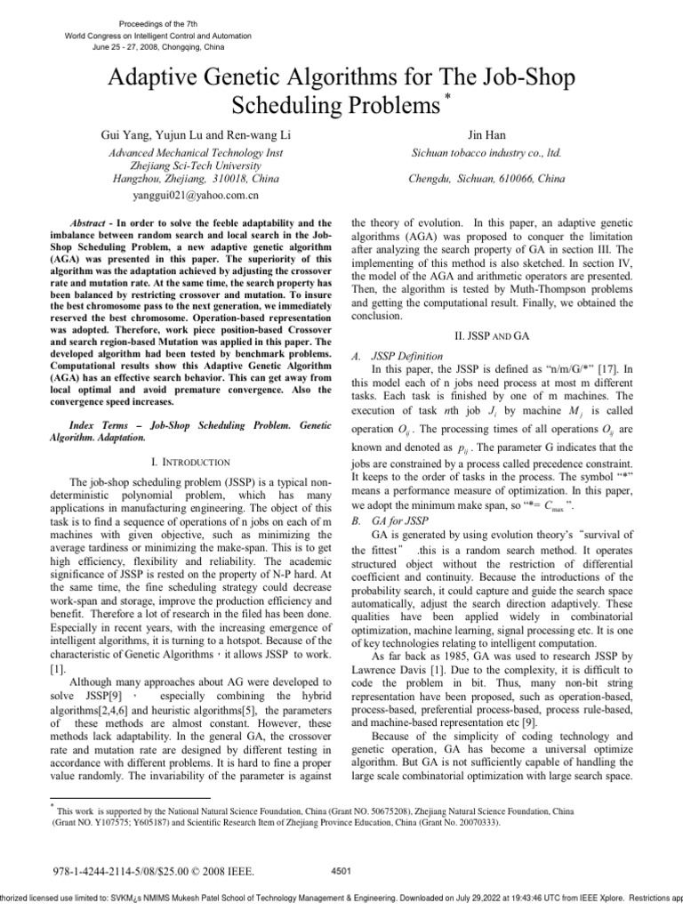 Adaptive Genetic Algorithms For The Job-Shop Scheduling Problems | PDF | Mathematical ...