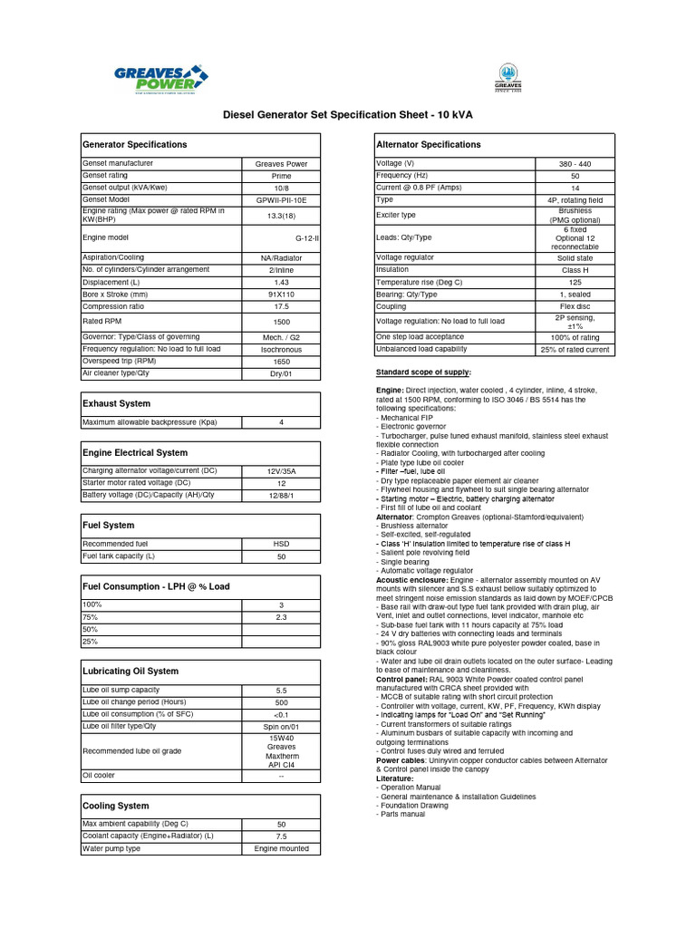Diesel Generator Set Specification Sheet - 10KVA | Download Free PDF | Diesel Engine | Lubricant