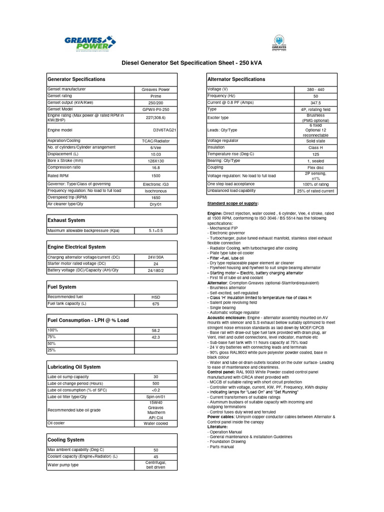 Diesel Generator Set Specification Sheet - 250KVA | PDF | Diesel Engine ...