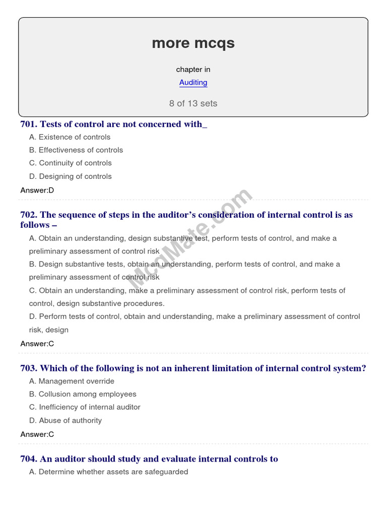 More Mcqs Auditing (Set 8) | PDF | Internal Control | Audit