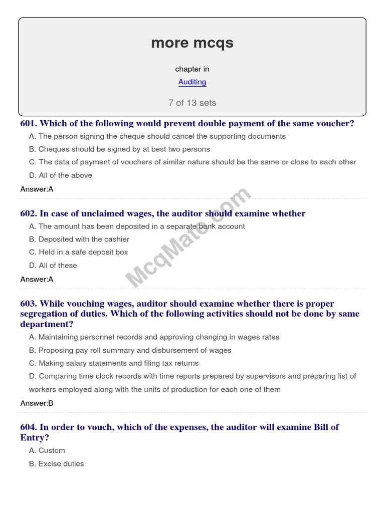 More Mcqs Auditing (Set 7) | PDF | Debits And Credits | Valuation (Finance)