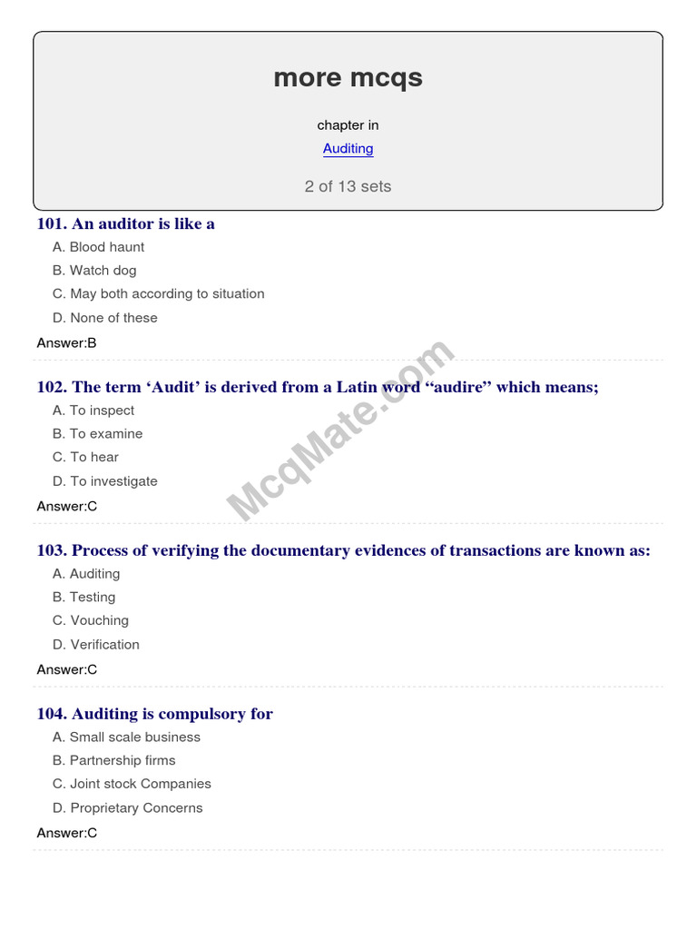 More-Mcqs-Auditing (Set 2) | PDF | Financial Audit | Audit