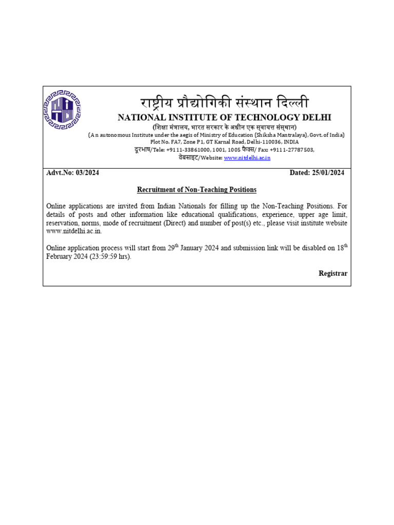 03 2024 Advt Non Teaching January 2024 NITD 2 | Download Free PDF ...