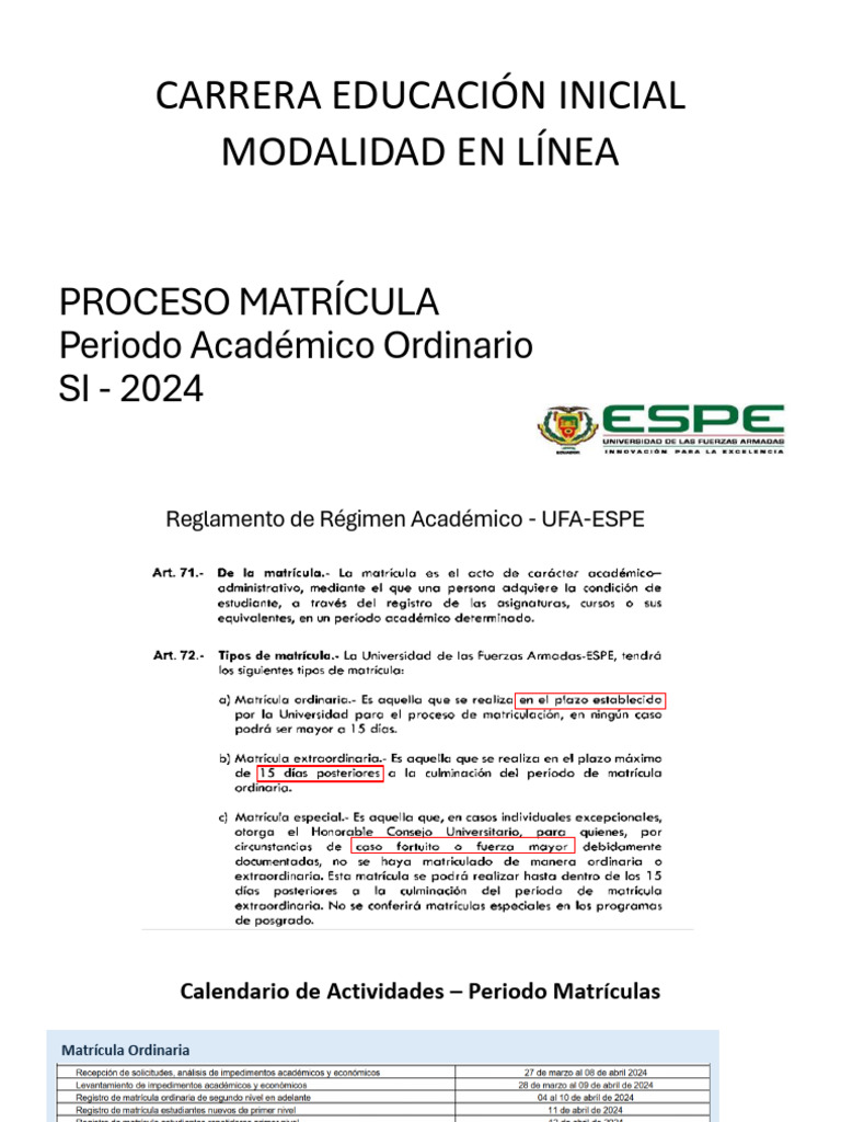 Matrícula Ordinaria y Extraordinaria ESPE 2024 | PDF