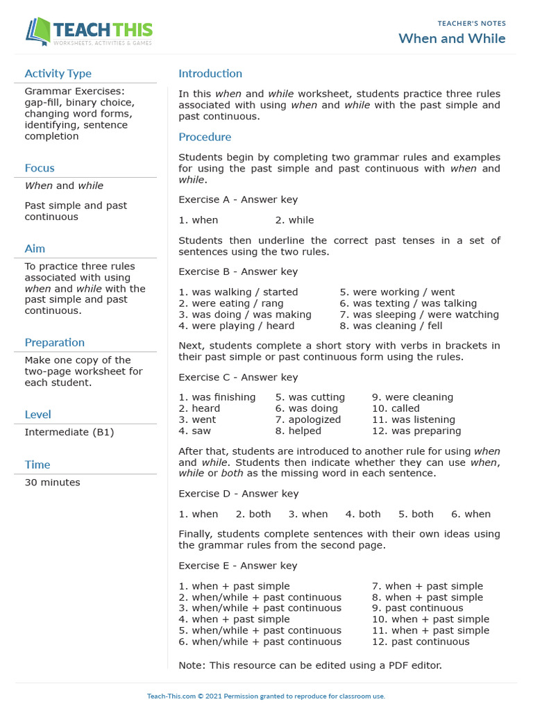 When and While Worksheet - B1 | PDF | Grammar | Linguistics