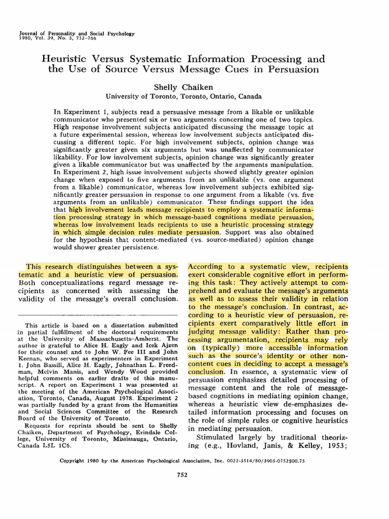 Heuristic Versus Systematic Information Processing and The Use of Source Versus Message Cues in ...