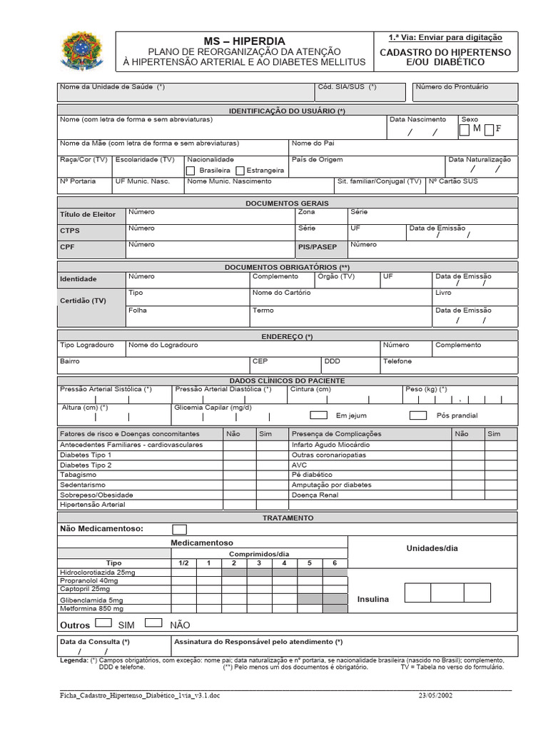 FICHA HIPERDIA | PDF | Diabetes | Hipertensão