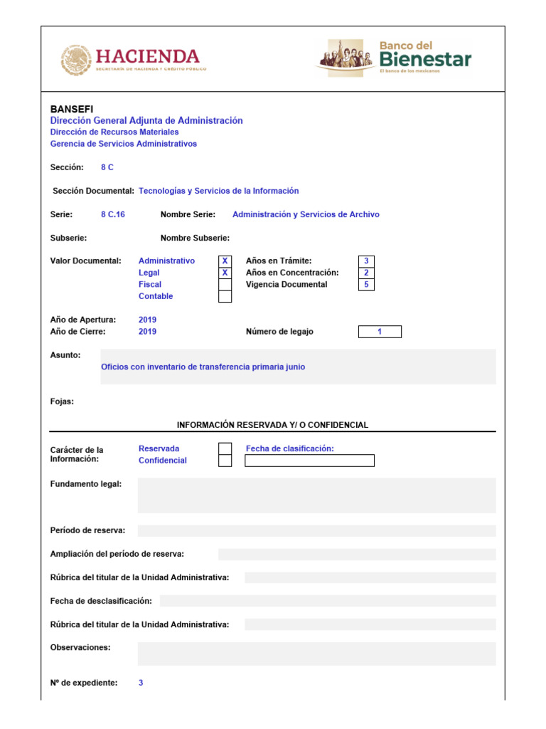 Formatos Organización Archivo Banco Del Bienestar | PDF