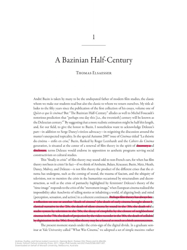 Elsaesser - Bazin Half Century | PDF | Epistemology | Film Theory