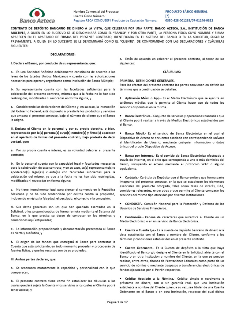 Registro RECA CONDUSEF I Producto de Captación Número:: Producto Básico ...