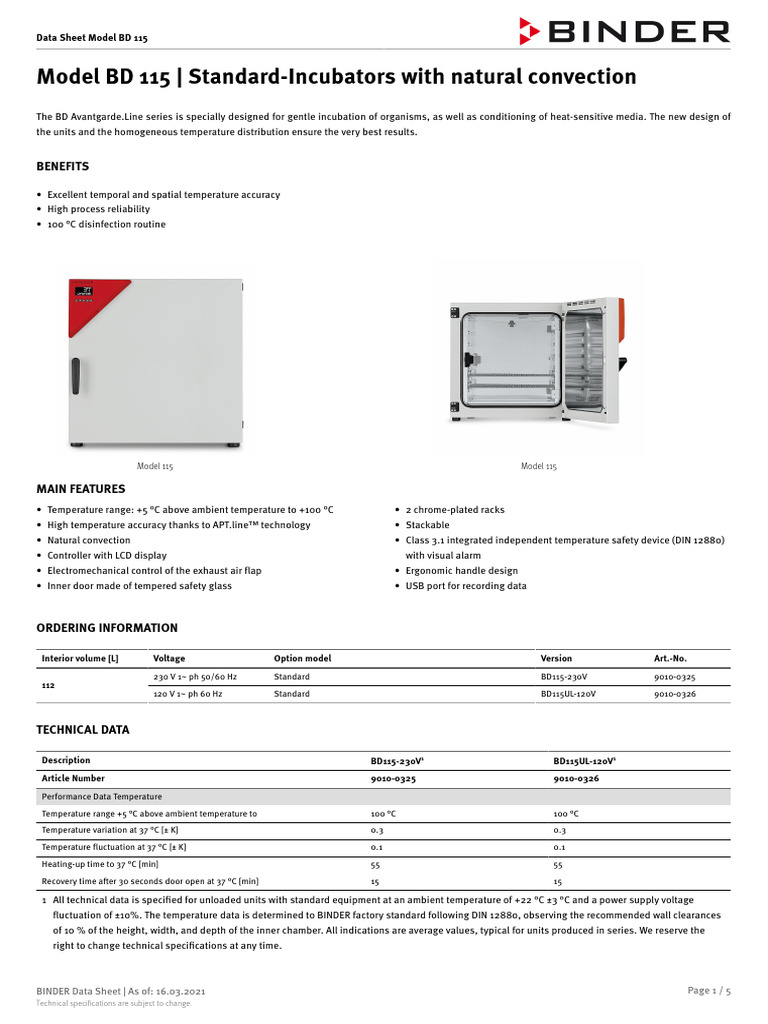 Binder BD 115 Gravity Convection Incubator Lab OvenBrochure | PDF | Calibration | Temperature