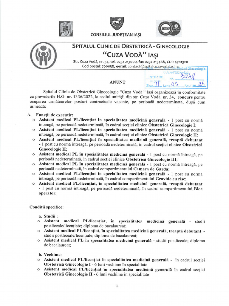 Anunt Concurs Obstetrica Ginecologie, Camera de Garda, GROC, Bloc ...